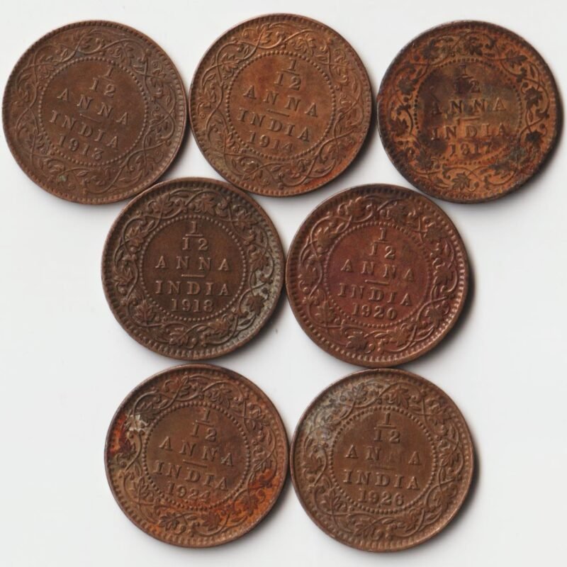 7 Coins Set of 1/12 Anna 1913 to 1926 Bronze Coins of King George V ...